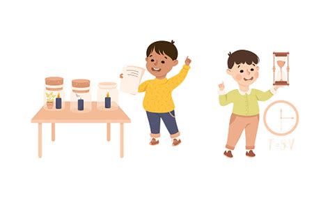 모래시계와 촛불 벡터 세트로 물리학 과학 실험을 하는 어린 소년 과학에 대한 스톡 벡터 아트 및 기타 이미지 과학 과학