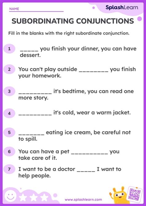 Subordinating Conjunctions Fill In The Blanks Printable ELA Worksheet
