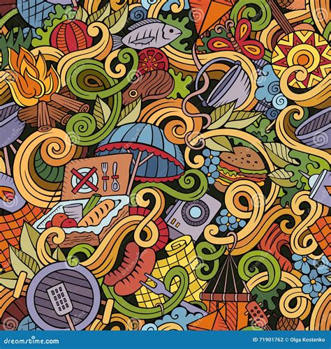 De Krabbels Naadloos Patroon Van De Beeldverhaal Hand Drawn Picknick