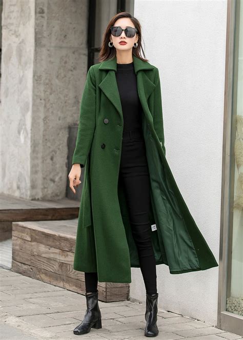 Green Long Wool Coat Women Wool Coat Vintage Style Winter Coat Maxi British Style Coat