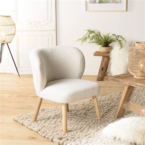 ALBANE Fauteuil En Tissu Bouclette Blanc Pieds En Bois