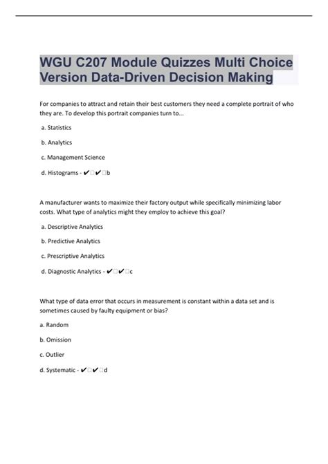 WGU C Module Quizzes Multi Choice Version Data Driven Decision Making Questions With