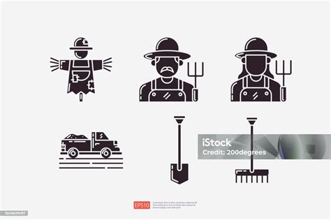 수확 허수아비 갈퀴 삽 정원 가꾸기 갈퀴 농장 픽업 트럭을 들고 있는 농부 아바타 농업 및 농업 문자 모양 아이콘 세트입니다 벡터 일러스트레이션 갈퀴에 대한 스톡 벡터 아트