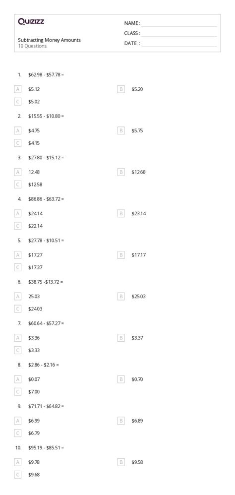 50 Subtracting Money Worksheets For 3rd Class On Quizizz Free