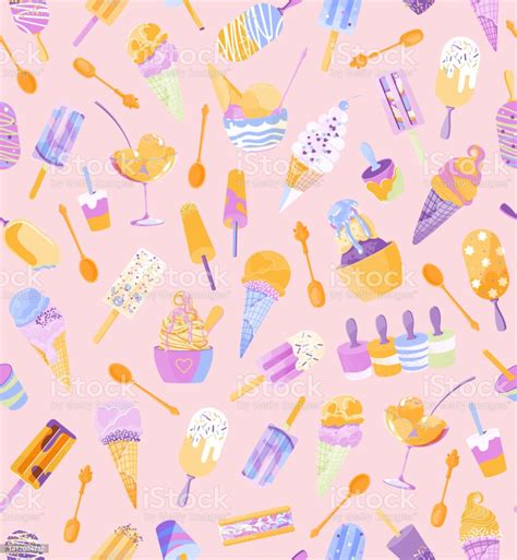 핑크 배경에 귀여운 아이스크림 다채로운 이음새가 없는 패턴 웹 사이트 광고 배너 포스터 보드 및 인쇄를위한 벡터 디저트 일러스트 레이 션 레스토랑에 대한 스톡 벡터 아트 및