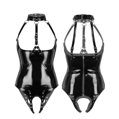 Womens Exotic Wetlook Bodycon Bodysuit Open Crotch Glossy Lingerie