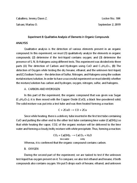 Qualitative Analysis Of Elements In Organic Compounds Pdf Precipitation Chemistry Nitrogen