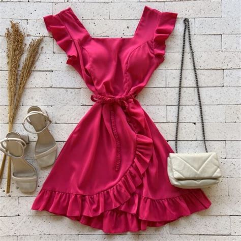 Vestido Detalhe Babados E AmarraÇÃo TranÇada Pink Dondoca Moda Feminina