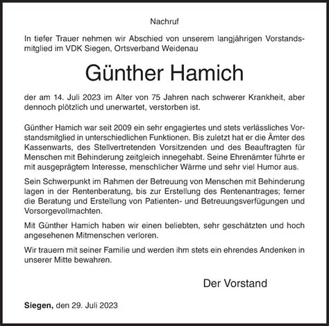 Traueranzeigen Von Günther Hamich 57trauerde