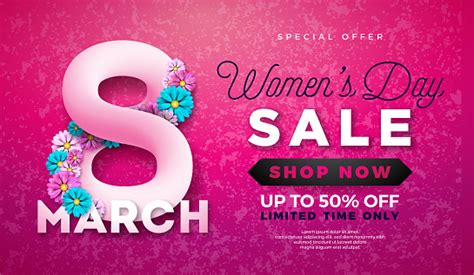 분홍색 배경에 아름 다운 화려한 꽃과 여자의 날 판매 디자인 쿠폰 배너 바우처 또는 프로 모션 포스터에 대 한 벡터 꽃 일러스트 템플릿입니다 0명에 대한 스톡 벡터 아트 및