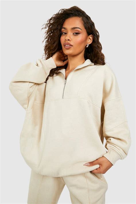 Stone Seam Detail Oversized Half Zip Sweatshirt Boohoo Uk