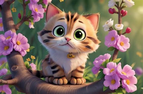 Gato Fofo De Olhos Arregalados Com Flores E Frutas Ao Redor Ia