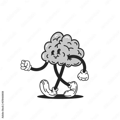 Cute Brain Cartoon Character Brain Retro Mascot Vector Illustration