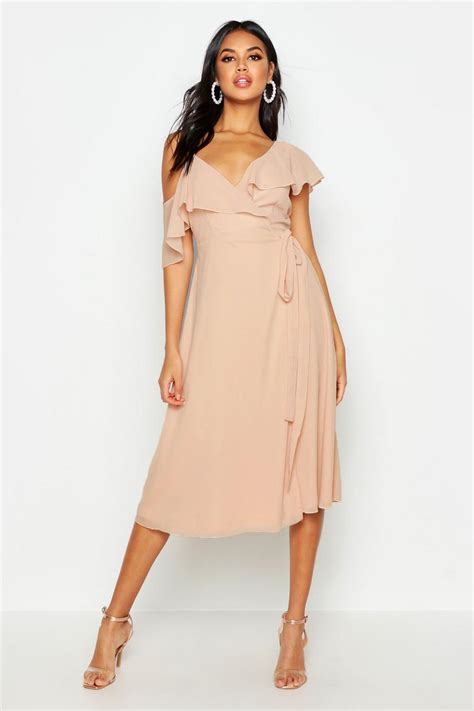 Womens Chiffon Cold Shoulder Wrap Midi Skater Dress Boohoo Uk