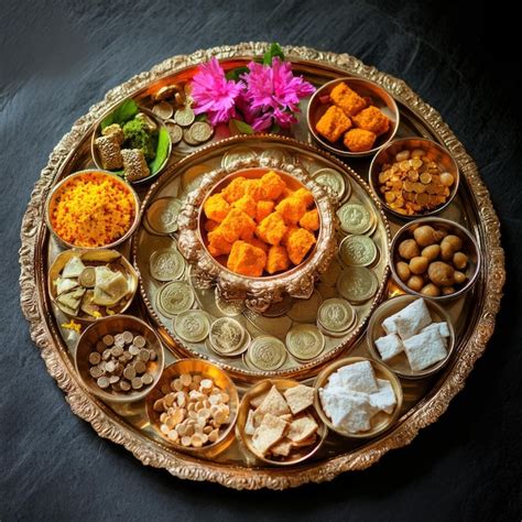 A Circular Brass Platter With Various Indian Sweets And Snacks Arranged In Small Bowls Premium