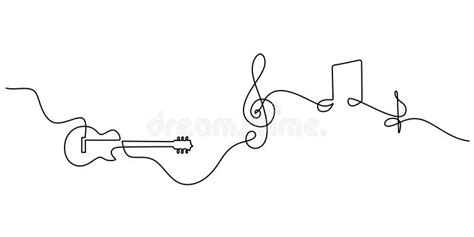 One Line Drawing Of Classic Guitar With Music Notes Tone Design