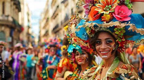 A Lively Street Parade In Valencia With Colorful Costumes And Floats
