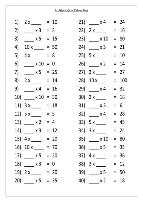 Multiplication Tables Test Worksheet In 2025 Multiplication