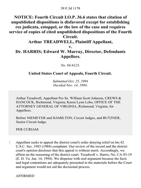 Arthur Treadwell V Dr Harris Edward W Murray Director 39 F 3d 1178