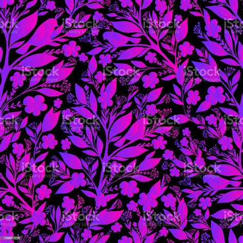 실루엣 새와 나뭇가지 잎 꽃 밝은 네온 보라색 핑크 그라데이션 색상 원활한 패턴 고립 된 검은 색 배경 Psyckhedelic 초현실적 인 판타지 숲 벡터 손으로 그린