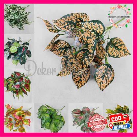 Jual Daun Rumput Hias Tanaman Plastik Cabang 7 Aglonema Bunga Palsu Bintik Garis Maple Artificia