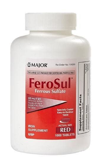 Major Ferosul Ferrous Sulfate 325mg 5g 1000 Red Tablets Iron