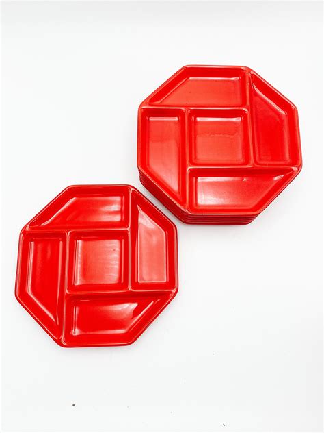 Vintage Red Hexagon Ceramic Sections Plates Set Of 6 Plates Etsy Canada