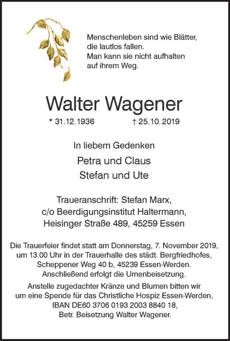 Traueranzeigen Von Walter Wagener Trauer In NRW De