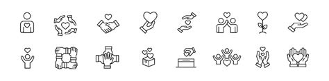자선 아이콘 세트입니다 기부 벡터 세트입니다 인도주의적 지원 표지판 인간 보살핌 및 지원 라인 아이콘 비영리 단체 기부 표지판 자원 봉사 고립 아이콘 세트