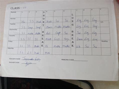 Pis Vadodara Std 7 Std 7 Class Time Table
