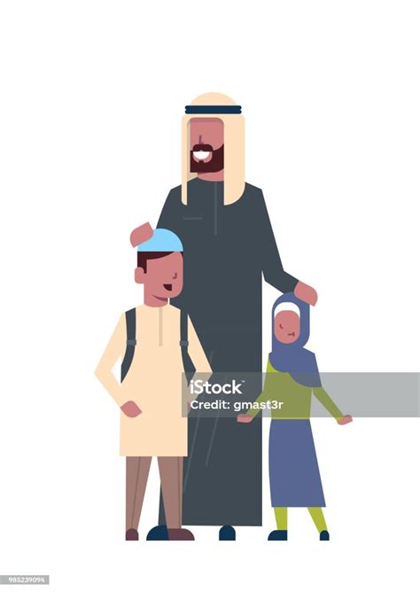 아랍어 아버지 수염 아들과 딸 전체 길이 아바타 흰색 배경 성공적인 가족 개념 평면 만화 만화에 대한 스톡 벡터 아트 및 기타 이미지 Istock
