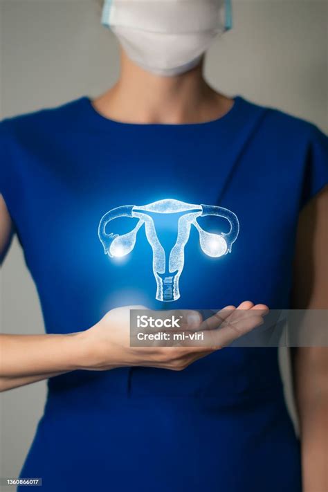 파란 옷을 입은 인식할 수 없는 여인은 한그려진 자궁을 손에 들고 있었습니다 의학 일러스트레이션 템플릿 과학 모형 자궁내막증에