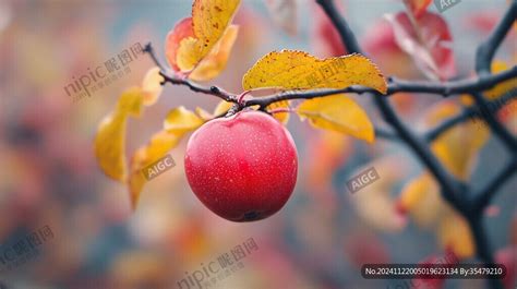 Ai创作图枝头上的红苹果 苹果小景 唯美红果实 枝头红鲜果 红苹果满枝头 树上红苹果 唯美红果 红彤彤的苹果新鲜诱人 红苹果挂满枝头 苹果挂