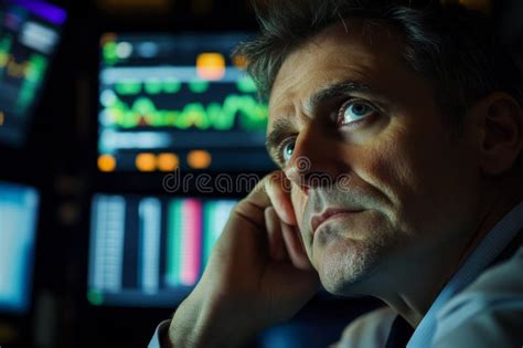 Trader Analyzing Market Trends At Night With Screens Displaying Stock Data In A Trading Room