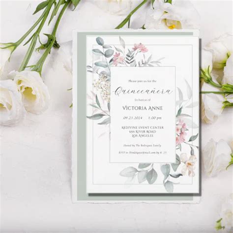 Sage Green Floral Modern Quinceañera Invitation Zazzle
