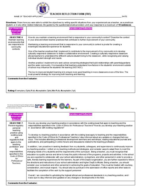 Teacher Reflection Form Trf Pdf Teachers Learning