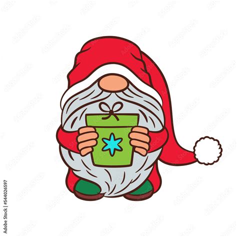 Cute Christmas Gnome Holding A T Box In Hands Cartoon Scandinavian