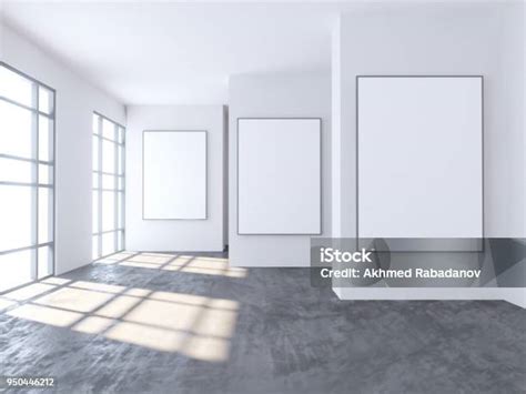 빈 포스터와 밝은 콘크리트 방 갤러리 전시 광고 개념입니다 모의 3d 그림 0명에 대한 스톡 사진 및 기타 이미지 0명