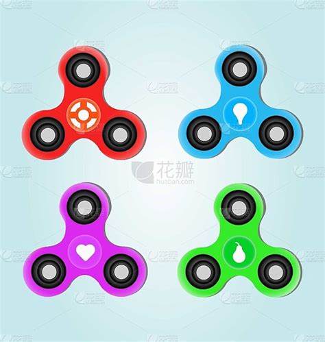 4个具有不同图标和颜色的逼真的指尖陀螺
