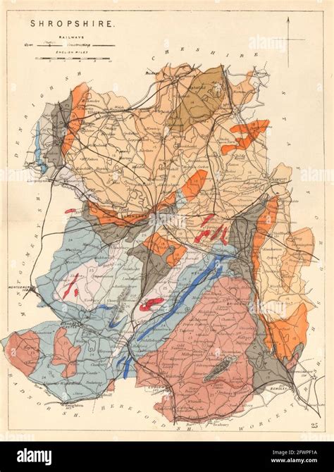 Shropshire Antique Geological County Map By James Reynolds 1864 Stock
