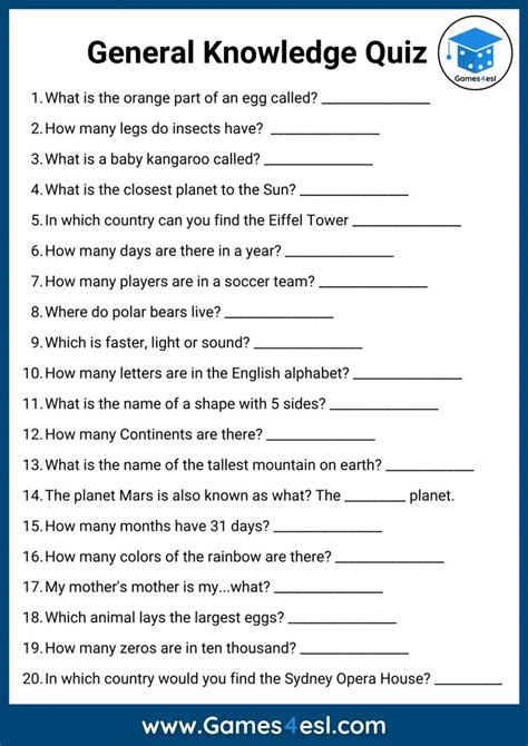 20 Easy General Knowledge Quiz Questions Games4esl