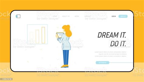 비즈니스 우먼 데이터 분석 웹 사이트 방문 페이지 비즈니스 여자 사무실 웹 페이지 배너에서 태블릿에 메모를 만드는 금융 성장 열 차트의 앞에 서 만화 플랫 벡터 일러스트
