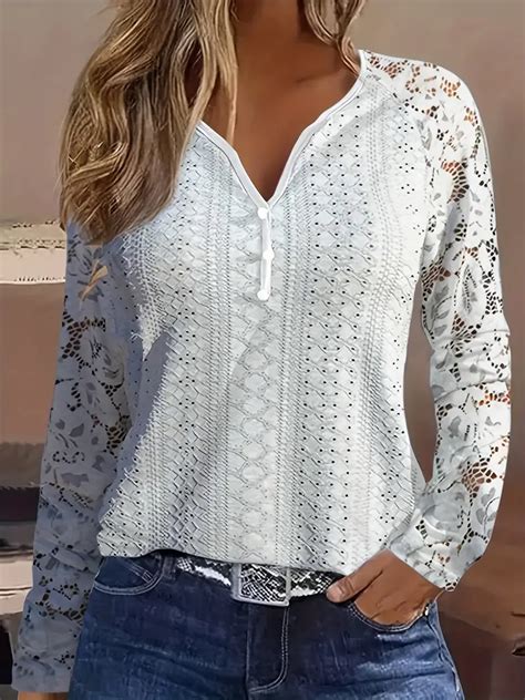 Lace Eyelet Blouse Elegant Solid V Neck Long Sleeve Temu Philippines