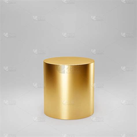 黄金3d圆柱体前视图与透视孤立在灰色背景。圆柱支柱，金管，博物馆舞台，基座或产品讲台。三维基本几何形素材 花瓣网