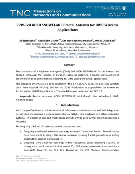 Pdf Cpw Fed Koch Snowflake Fractal Antenna For Uwb Wireless Applications