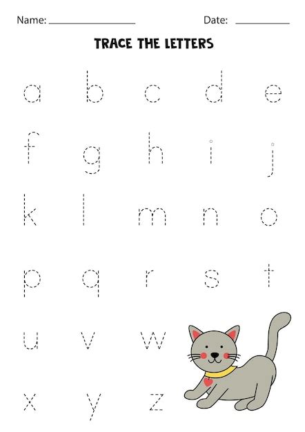 Planilha Com Gato Fofo Trace Letras Minúsculas Do Alfabeto Vetor Premium
