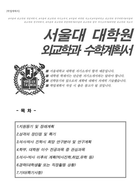 서울대학교대학원 외교학과 자기소개서연구계획서 자기소개서