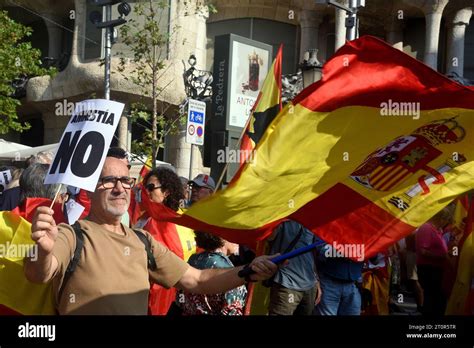 Barcelona Spain 08th Oct 2023 A Protester Holds A Spanish Flag In