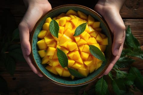 Premium Ai Image Two Hands Holding A Bowl Of Mangoes