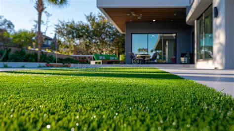 Contemporary Backyard Design With Vibrant Grass And Seating Area